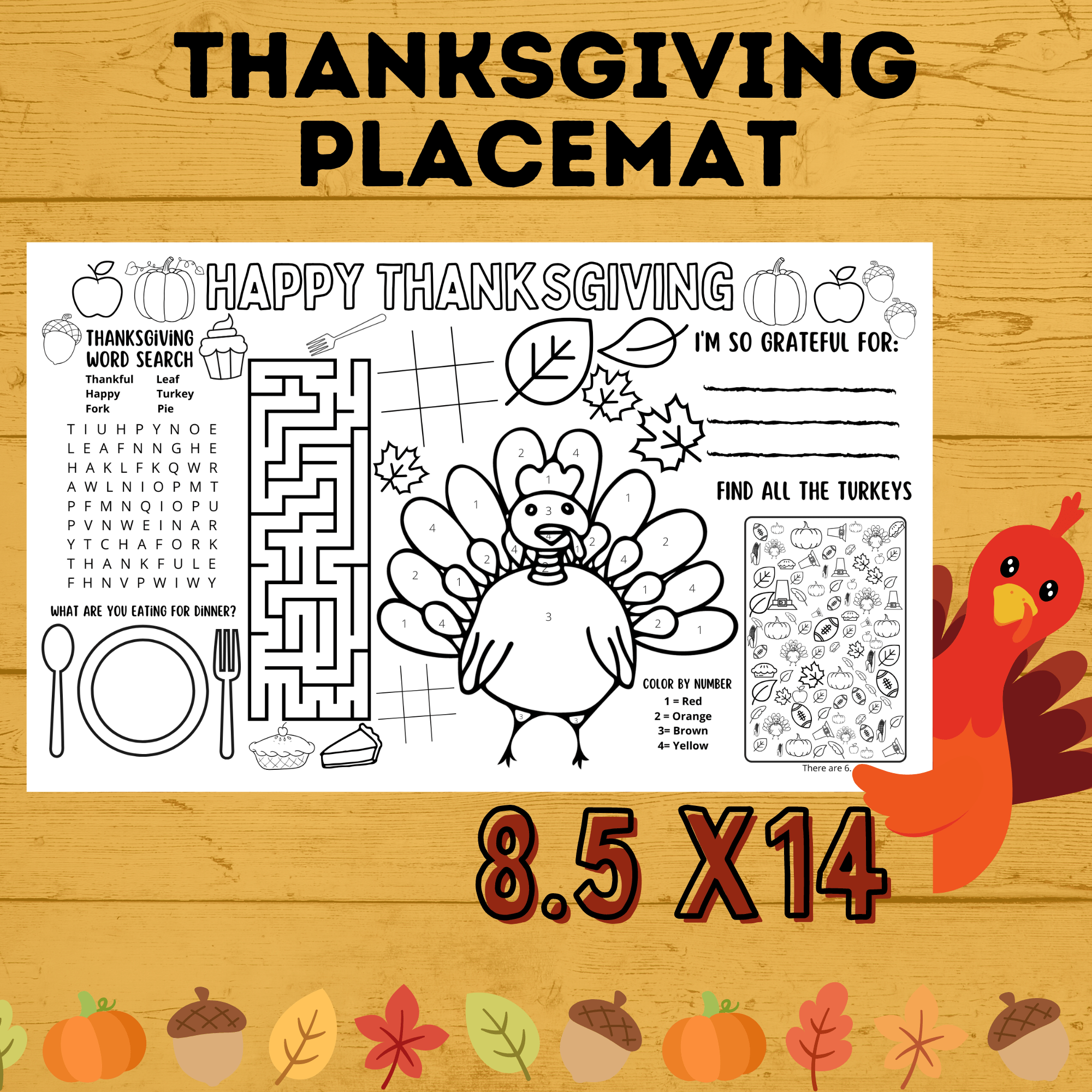 Thanksgiving Place Mat for Kids 8.5 x 14 Size | Kids Activity Sheet ...
