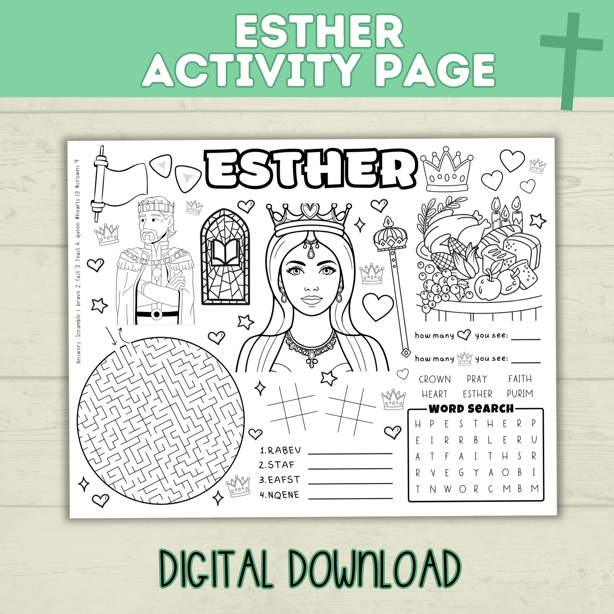 Esther Activity Page for Kids | Bible Craft | Bible Activity Page | Qu ...