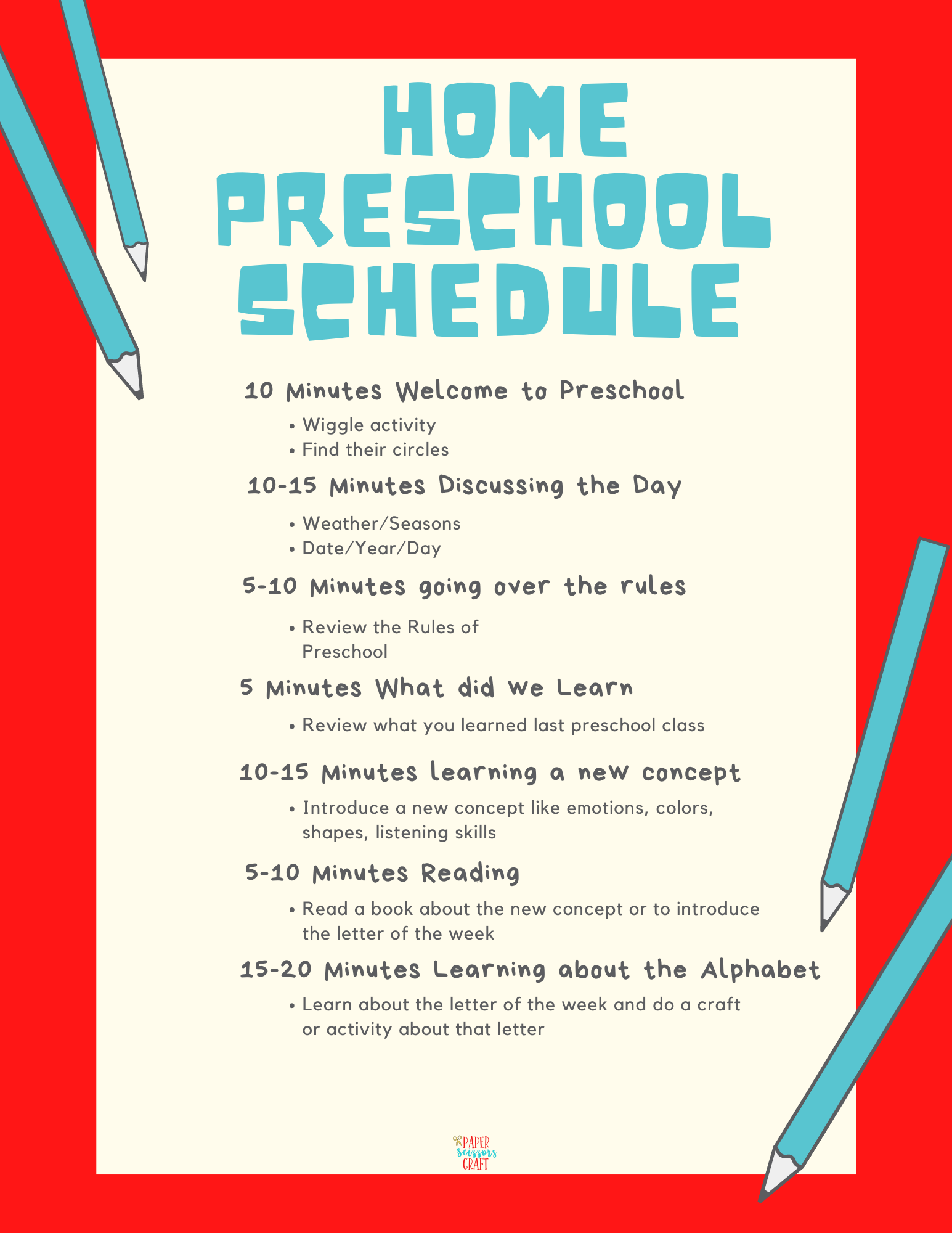 FREE Easy Home Preschool Schedule – Paper Scissors Craft Blog